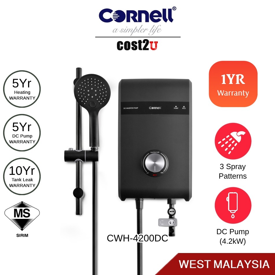 Cornell DC Pump Water Heater 4.2kW (Matt Black) | CWH-4200DC (Home Shower Heater with Pump ...