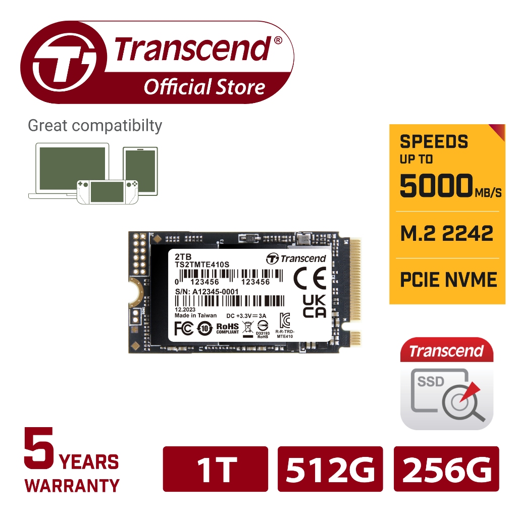Transcend MTE410S M.2 PCIe SSD 2242 PCIe NVMe Gen4x4 3D NAND Single Sided (256GB/512GB/1TB/2TB ...