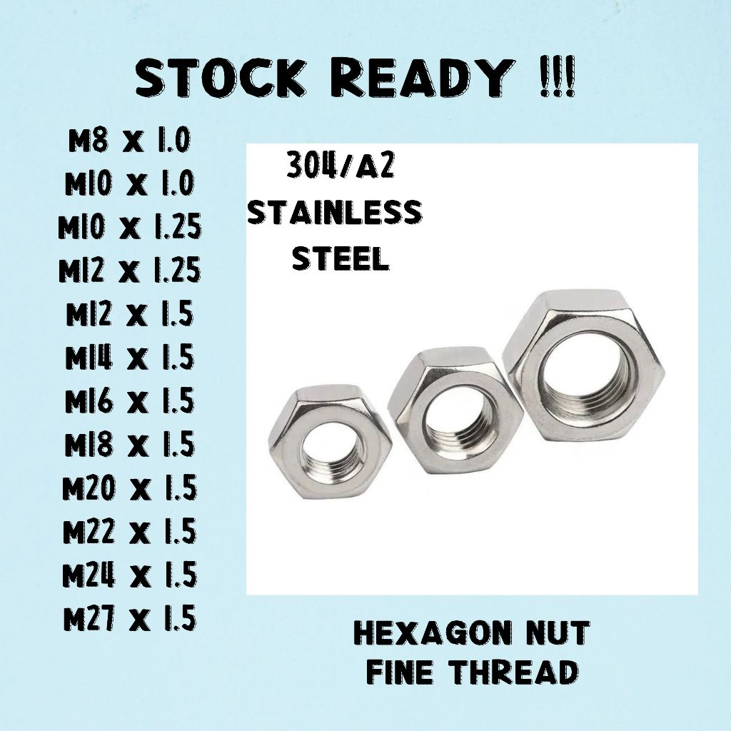 (FINE THREAD) Hex Nut M8 M10 M12 M14 M16 304 Stainless Steel Hexagon Nut DIN934 | Shopee Malaysia