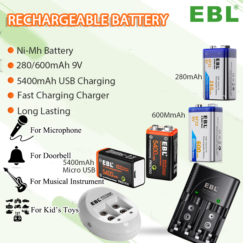 EBL 600mAh 9V Rechargeable Ni-MH Batteries 4 Bay LCD 9V AA AAA NiMH ...