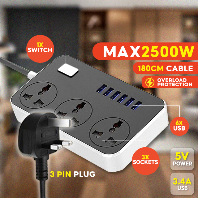[Shopee Choice] 6 USB Port 3 Universal Power Strip Extension Plug Power Socket Electric Sockets ...
