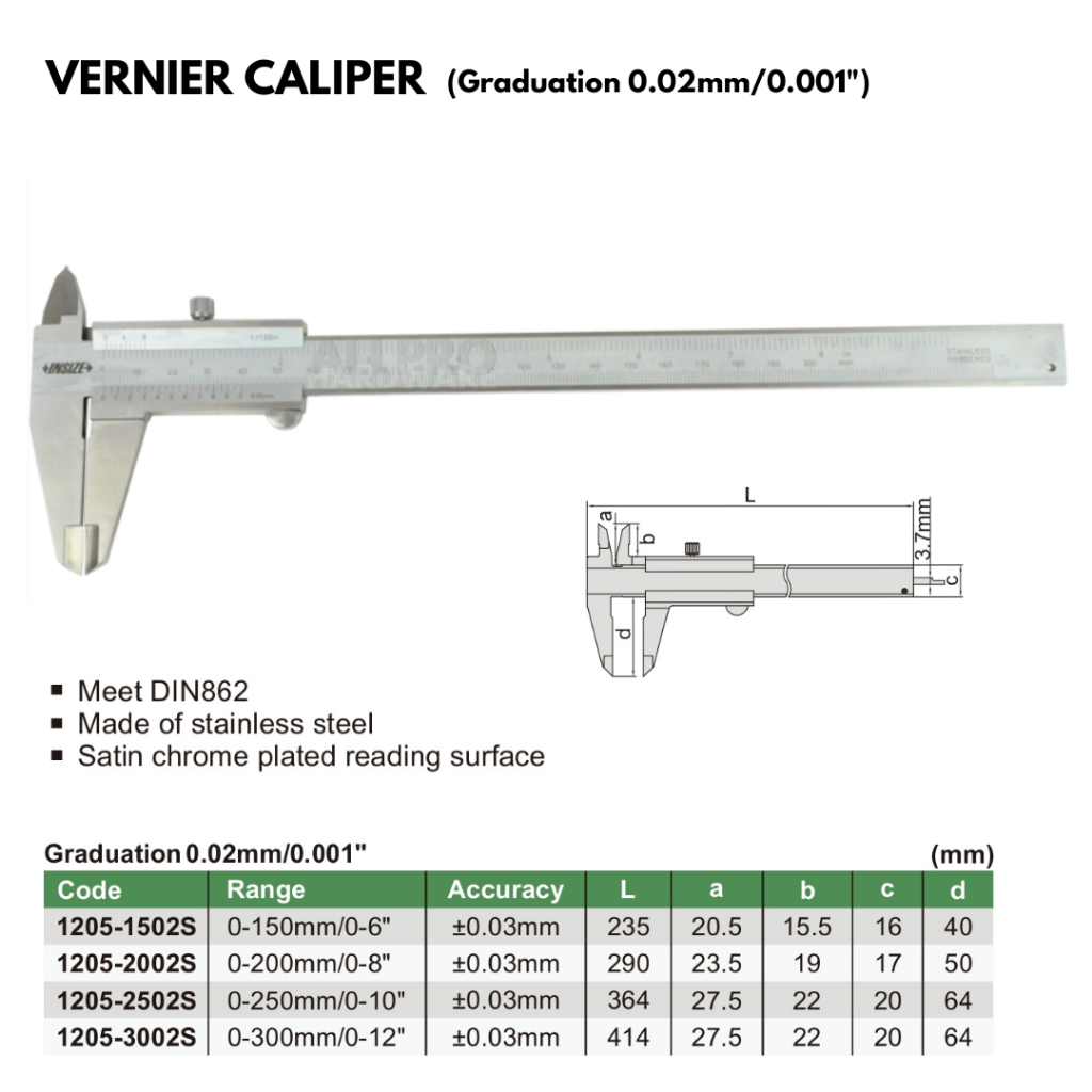 INSIZE Vernier Caliper With mm/inch 1205-150S / 1205-200S / 1205-300S ...