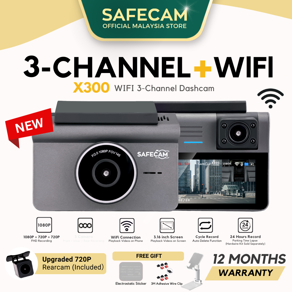 SAFECAM X300 WIFI 3-Channel Dashcam 1080P Front + 720P Inner + 720P ...