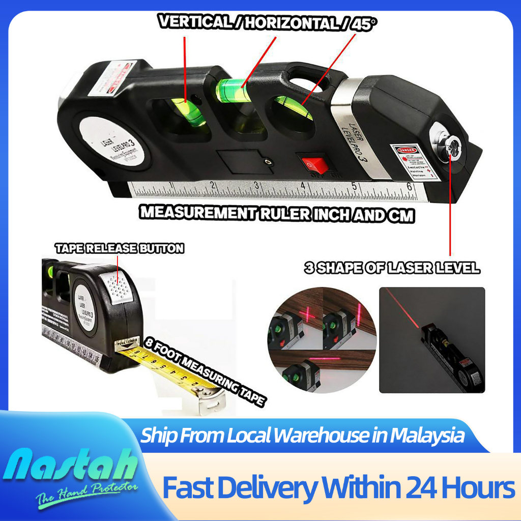 4 In 1 Laser Level Multipurpose Line Laser Level Tool Cross Line Laser with 2.5m Standard Ruler ...