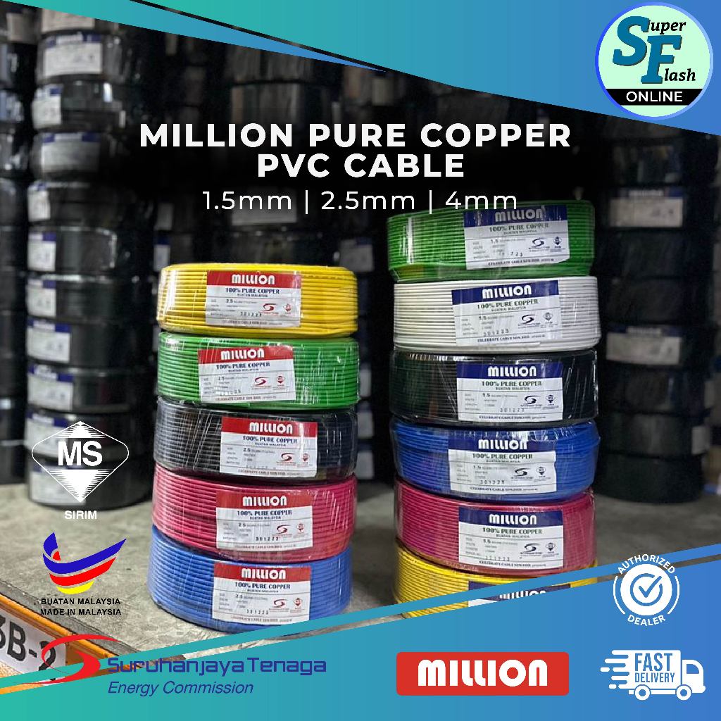 (READY STOCK)100% PURE COPPER MILLION PVC WIRING CABLE (1.5MM/2.5MM/4MM ...