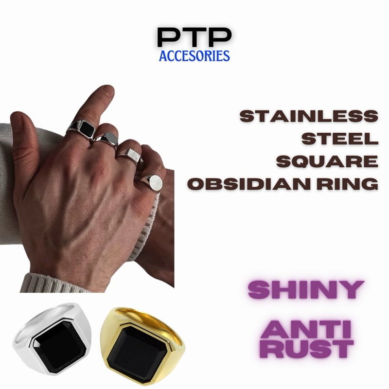 Stainless Steel Square Obsidian Ring | Shopee Malaysia
