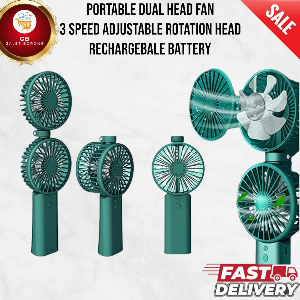 PORTABLE DUAL HEAD FAN HANDHELD FAN 3600MAH BATTERY CAPACITY DUAL HEAD ...