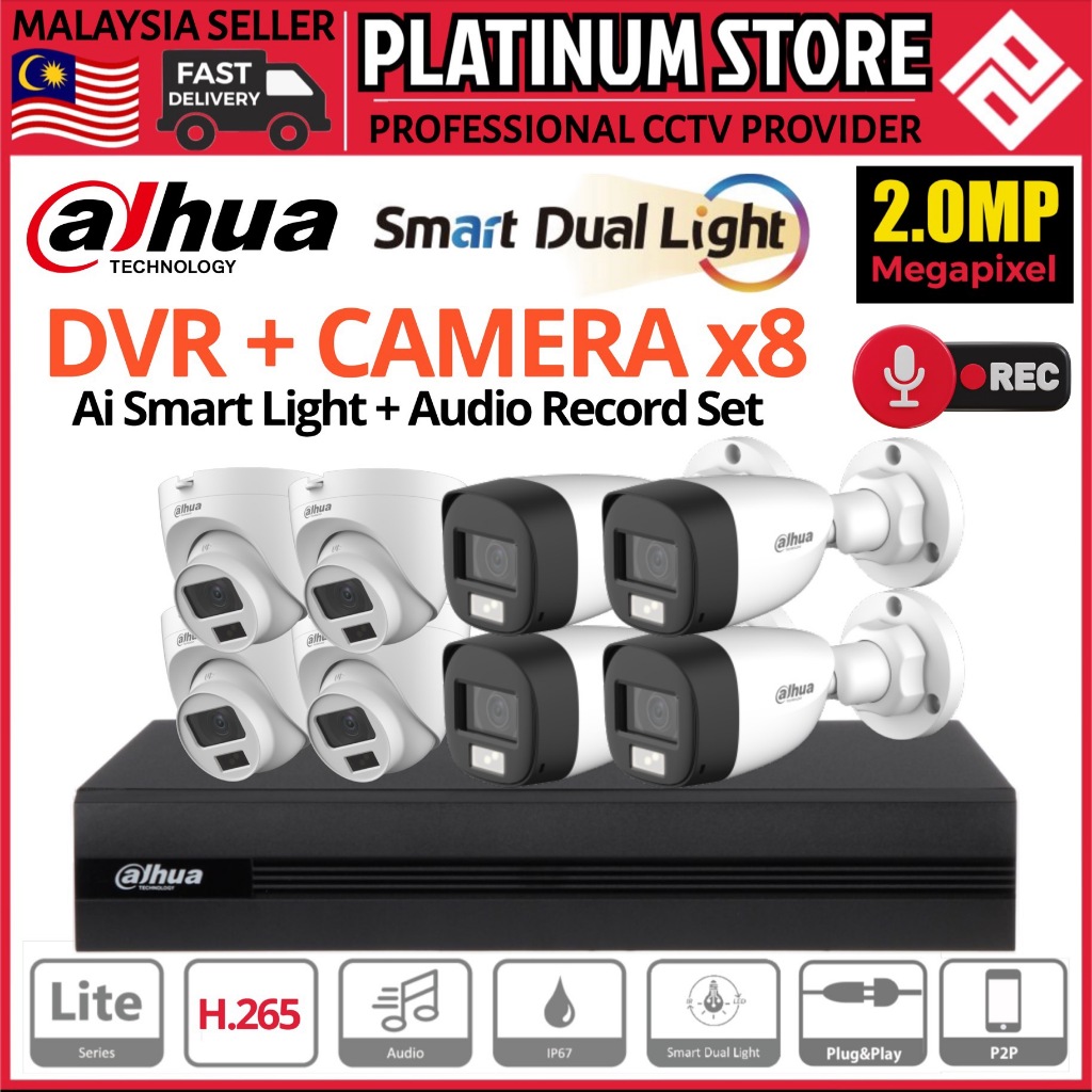 DAHUA 8CH 2.0MP AI DUAL SMART LIGHT NIGHT VIEW 8 CH CHANNEL DVR + 8 ...