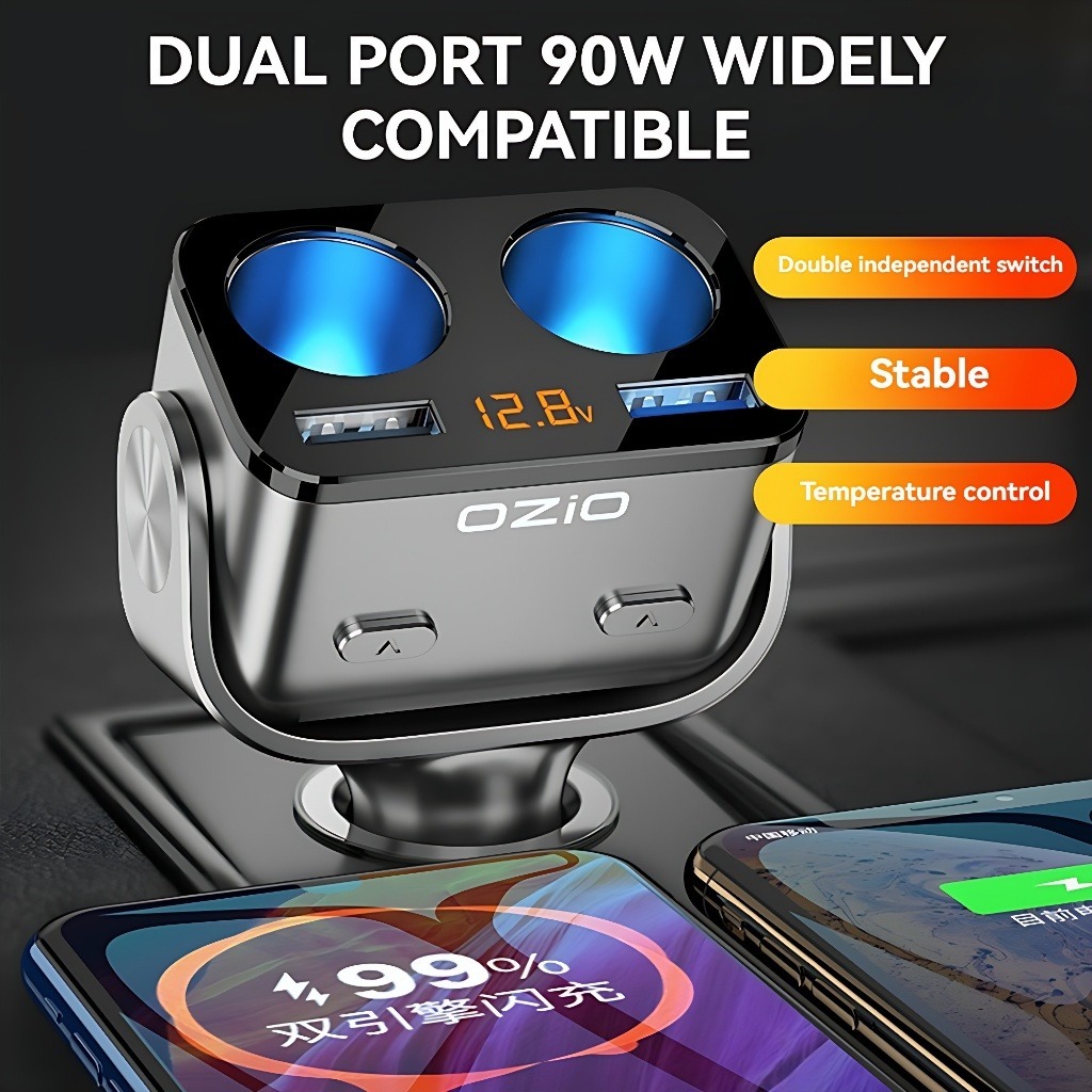 90W Car Charger Adapter Sockets Fast Charging LED Voltage Display Car ...