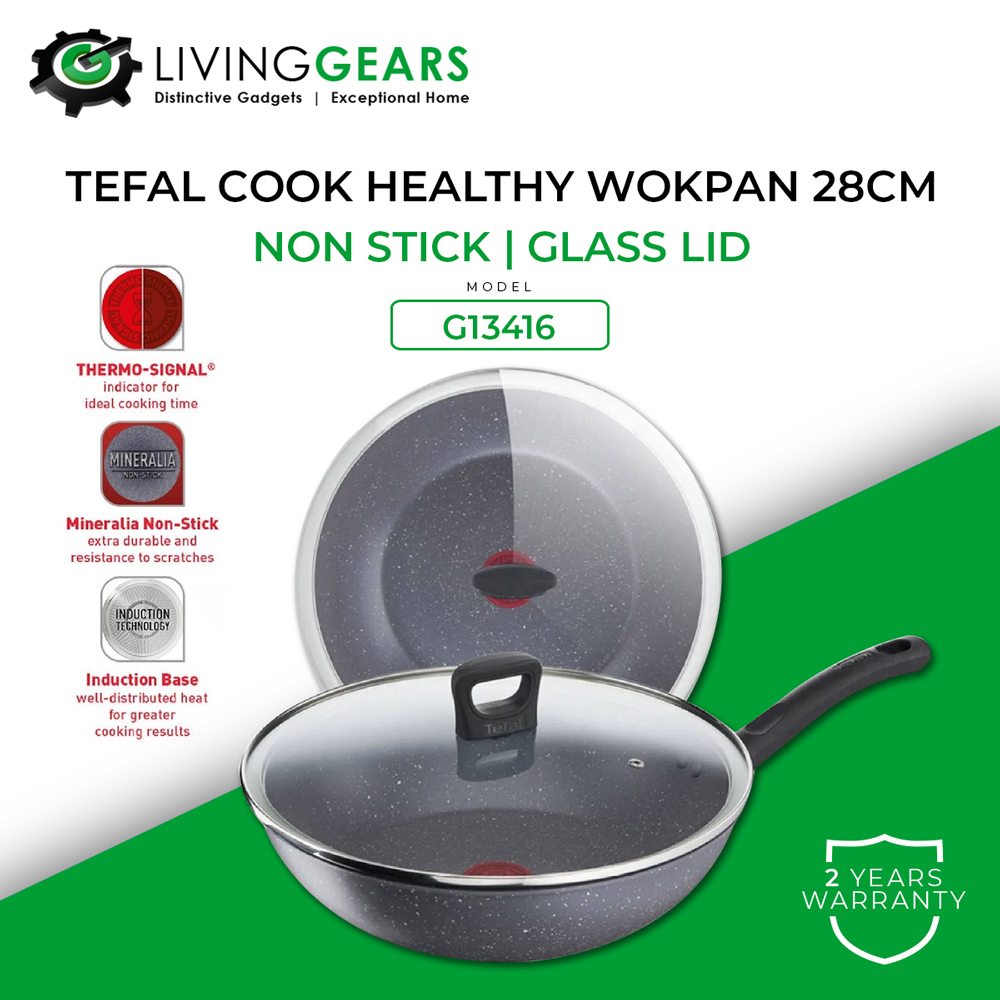 [ All Hobs + Induction ] Tefal Cook Healthy Mineralia Coating Non-Stick 28cm Wokpan / Glass Lid ...