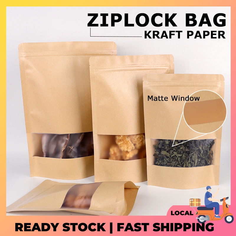 100pcs Kraft Paper Zipper Bag with Window Goodies Bag Ziplock Bag Food ...