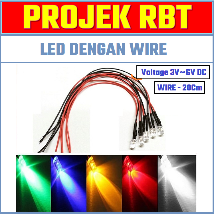 5MM LED with Wire 20cm 3V~6V Red/Green/White/Yellow/Blue Colour DIY/RBT ...
