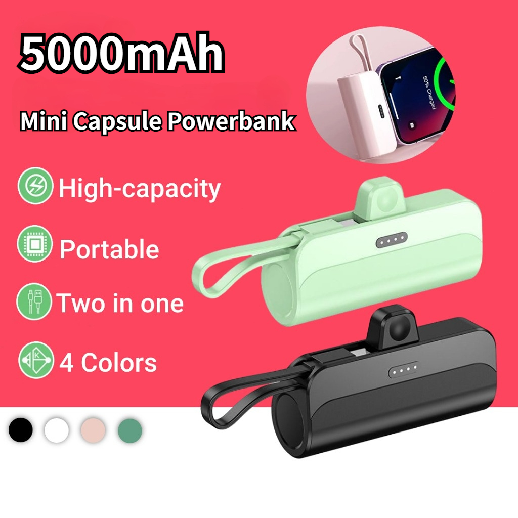 Portable Mini Capsule Powerbank Full Capacity 5000mAh USB Type C/IP iOS ...