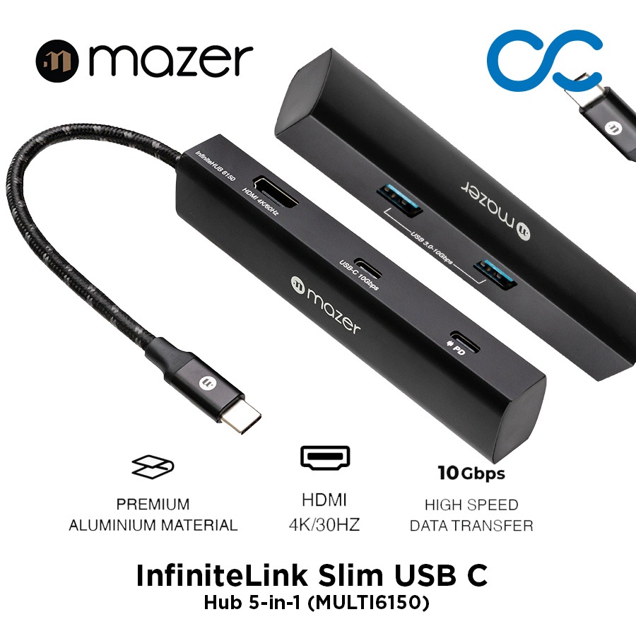 MAZER InfiniteLink Slim USB C Hub 5-in-1 (MULTI6150) // 1 x HDMI // 2 x ...