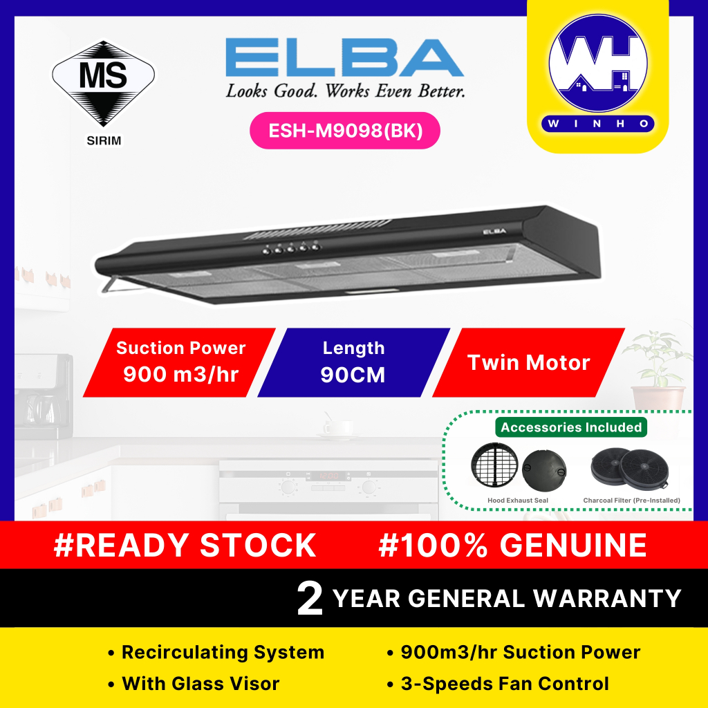 ELBA 90CM Slim Kitchen Hood ESH-M9098(BK) with LED light & Glass Visor, Suction Power 900m3/hr ...