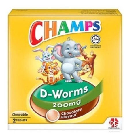 CHAMPS D-WORMS [UBAT CACING] 200MG CHEWABLE TABLET 2S CHOCOLATE FLAVOUR ...