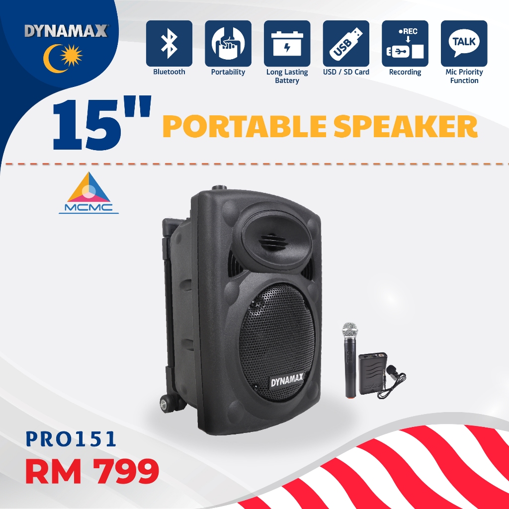 DYNAMAX PRO115/PRO151 15" Bluetooth Portable PA System with Wireless Mic | Shopee Malaysia