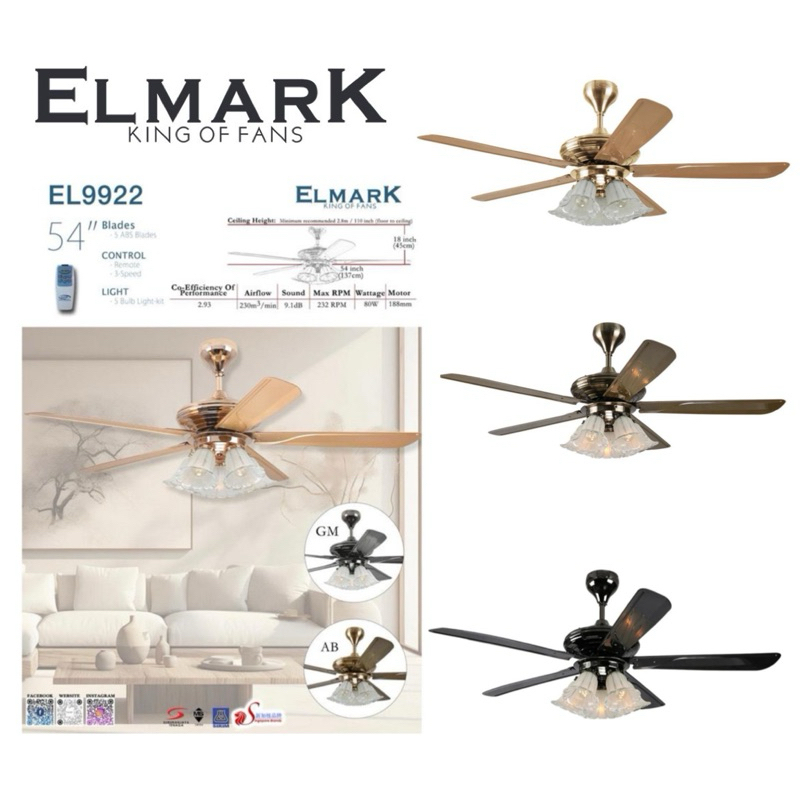 Elmark 54” EL9922 ceiling fan with light antique fan remote control ...