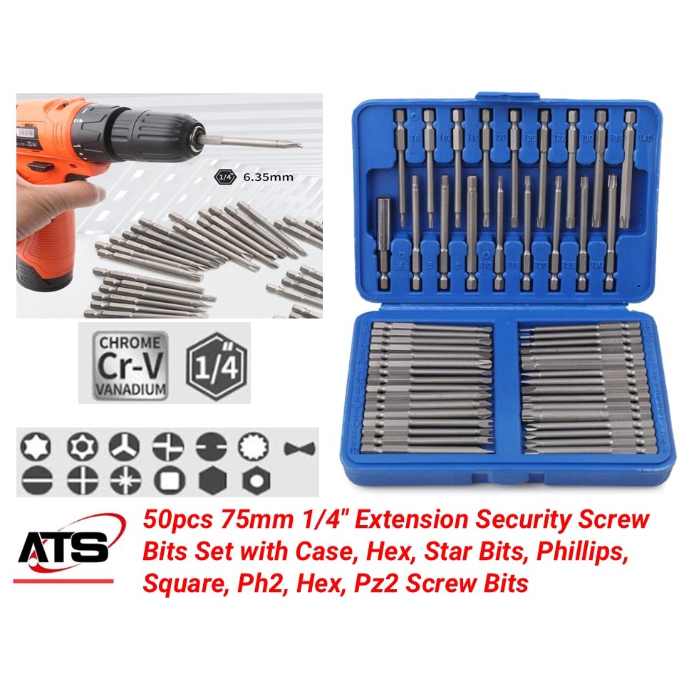 50pcs 75mm 1/4" Extension Security Screw Bits Set with Case, Hex, Star ...