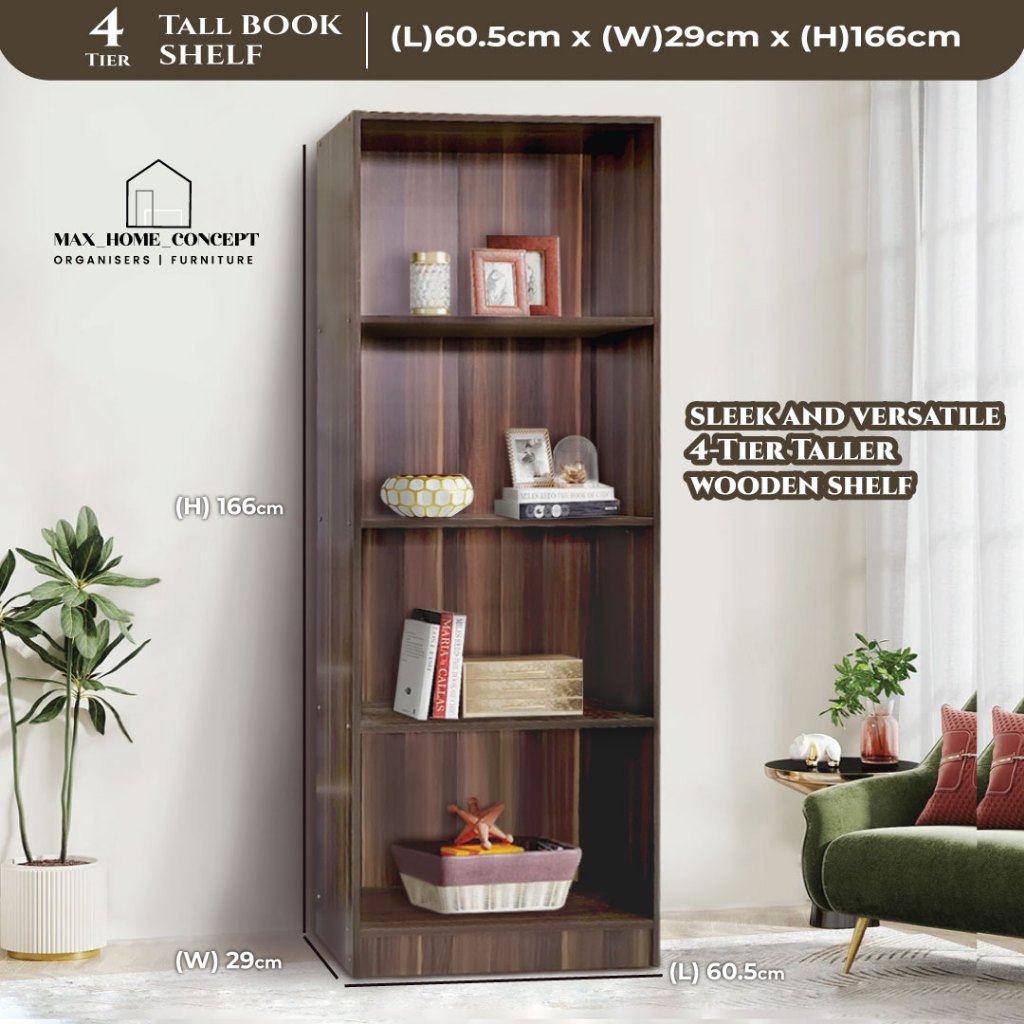 TERMURAH & TERTINGGI | 4 TIERS HIGH BOOKSHELF | STYLE RAK BUKU KAYU ...