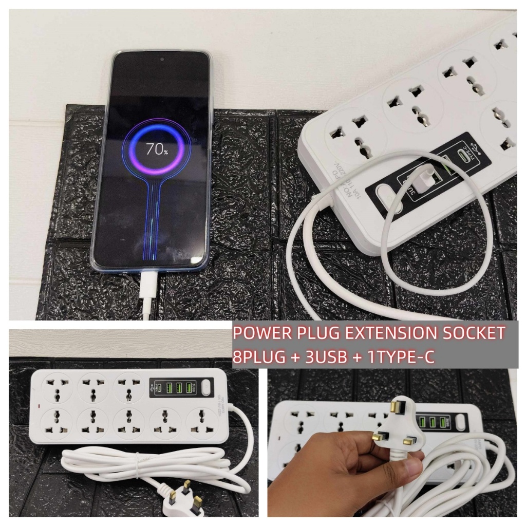 4PLUG + 3USB + 1TYPE-C POWER PLUG EXTENSION SOCKET 13A WHITE COLOUR ...