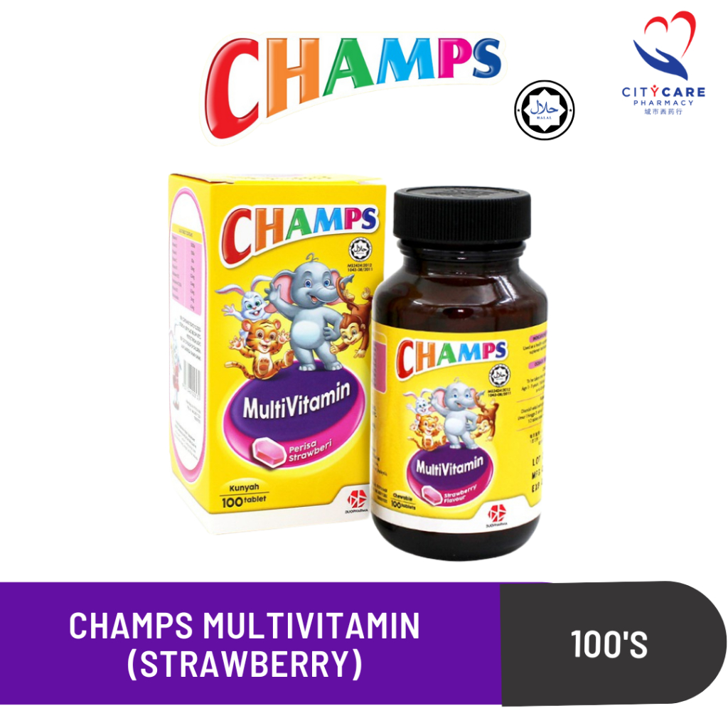 CHAMPS MULTIVITAMIN CHEWABLE (strawberry flavour) - 100 Tabs | Shopee ...