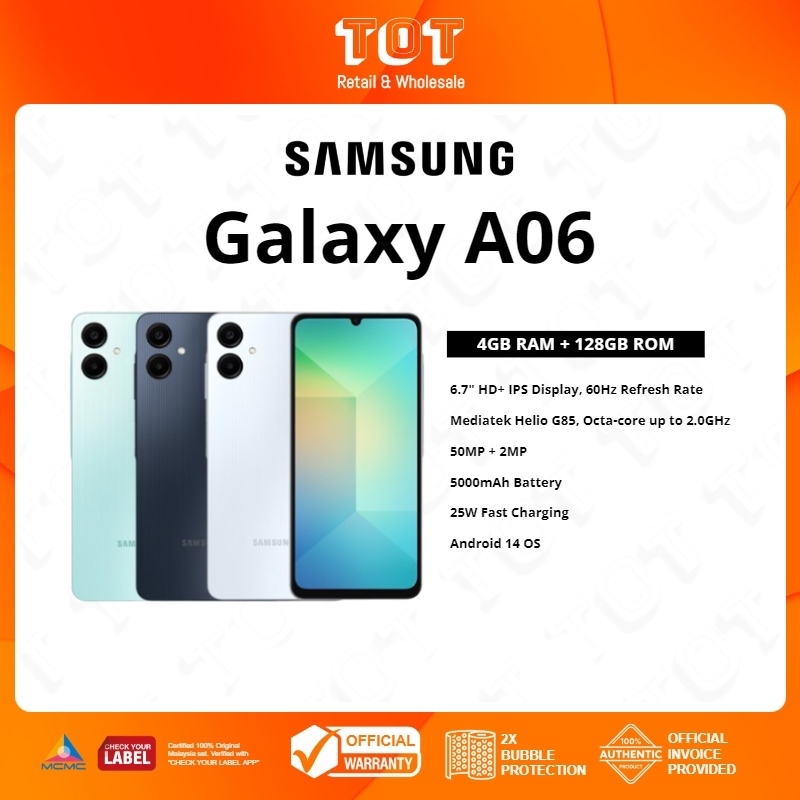 SAMSUNG A06 (4+4GB RAM + 128GB ROM) 6.7' HD Display l 60Hz Refresh rate ...