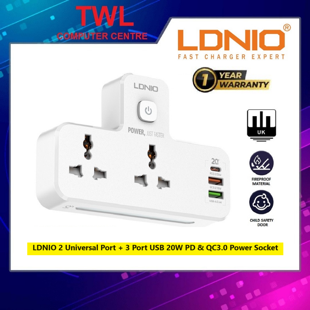LDNIO 2 Universal Port + 3 Port USB 20W PD & QC3.0 Power Socket (SC2311 ...