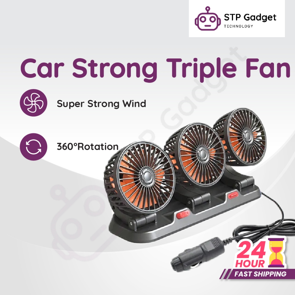 [Car Strong Triple Fan] 360° Rotating Automotive 3-Head Electric Fan ...