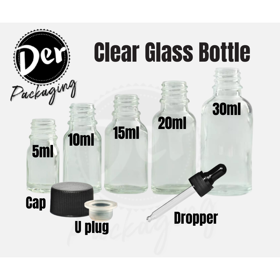 Transparent Clear Glass Bottle With Black Cap + U Plug Insert / Dropper ...