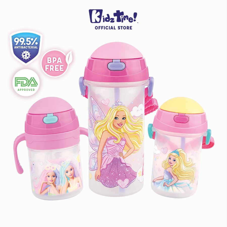 Kidztime x Barbie Kids Toddler BPA Free Chilren Water Bottle with Straw + Strap 380ml & 550ml ...