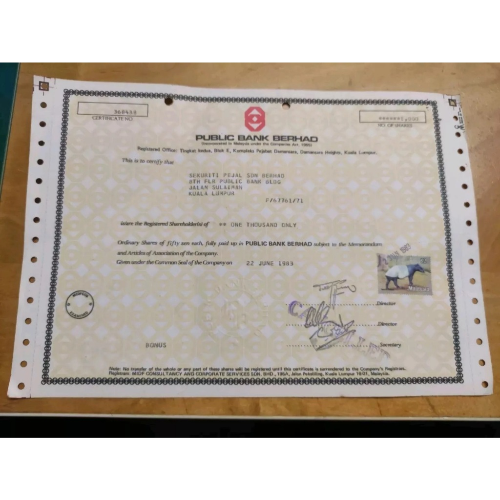 Malaysia 1983 PUBLIC BANK BERHAD PBB Share Certificate Sijil Saham ...