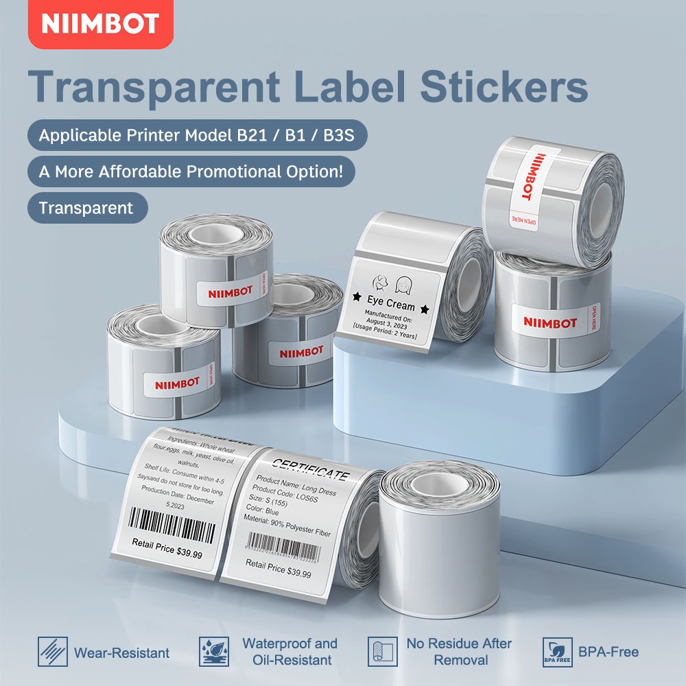 NIIMBOT B21/B1/B31/B3S Transparent Label Printing Paper Name Sticker Sticker Waterproof Self ...