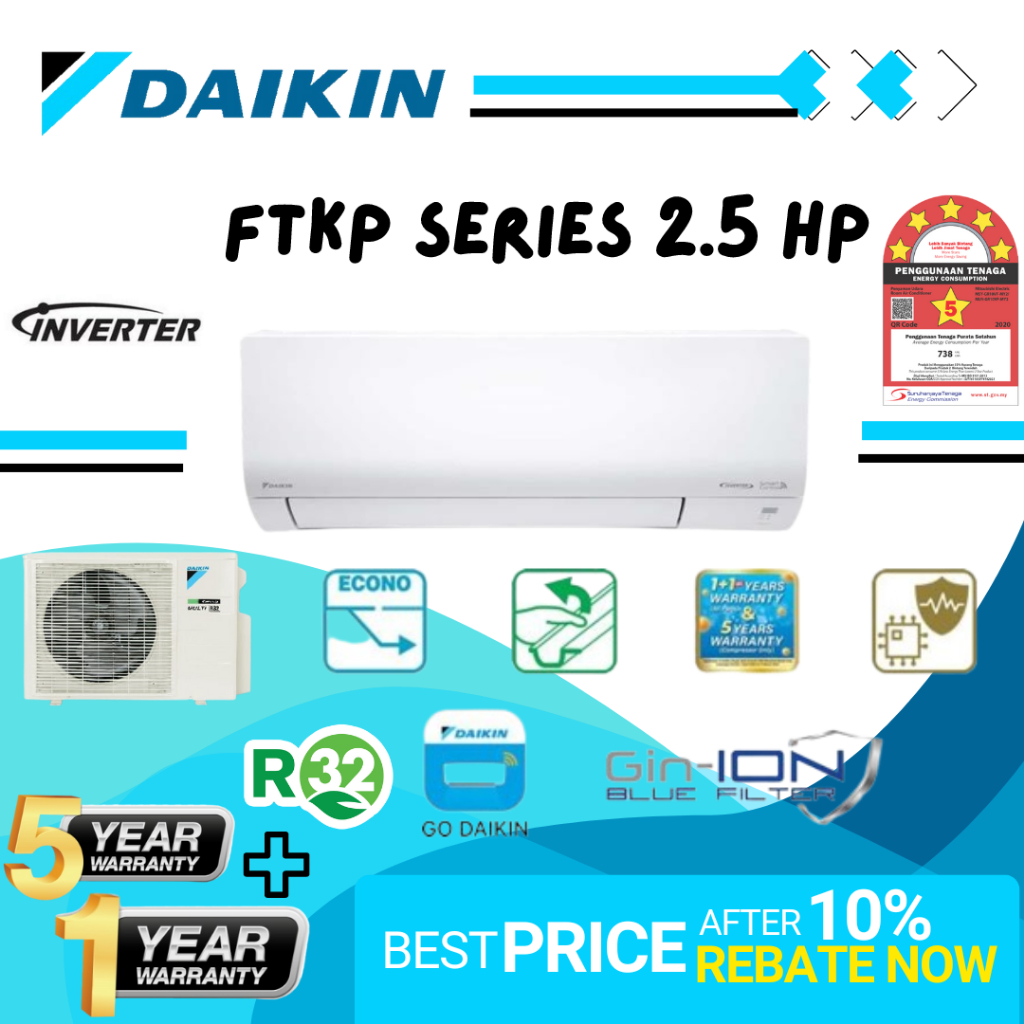 (KLANG VALLEY) Daikin 2.5HP Aircond - ( FTKP ) Inverter Wall Mounted (R32) Air Conditioner ...