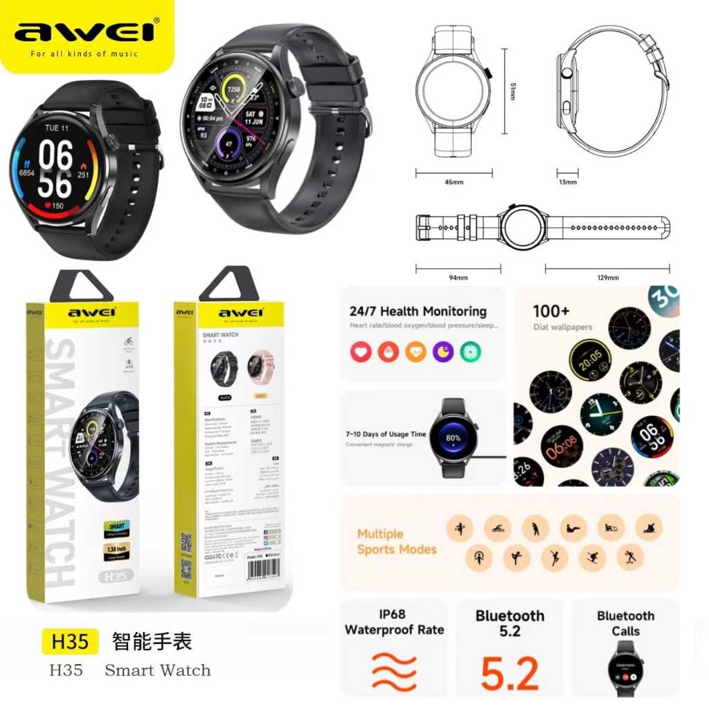 AWEI H35 WIRELESS SMART WATCH IP68 WATERROOF | Shopee Malaysia