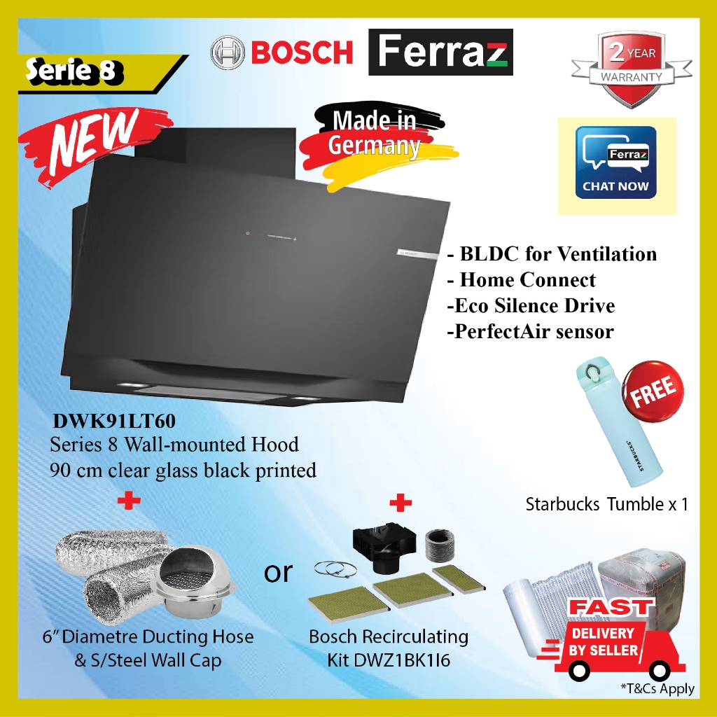 Bosch DWK91LT60 (New) Series 8 Cooker Hood Glass Black 90cm / Bosch ...
