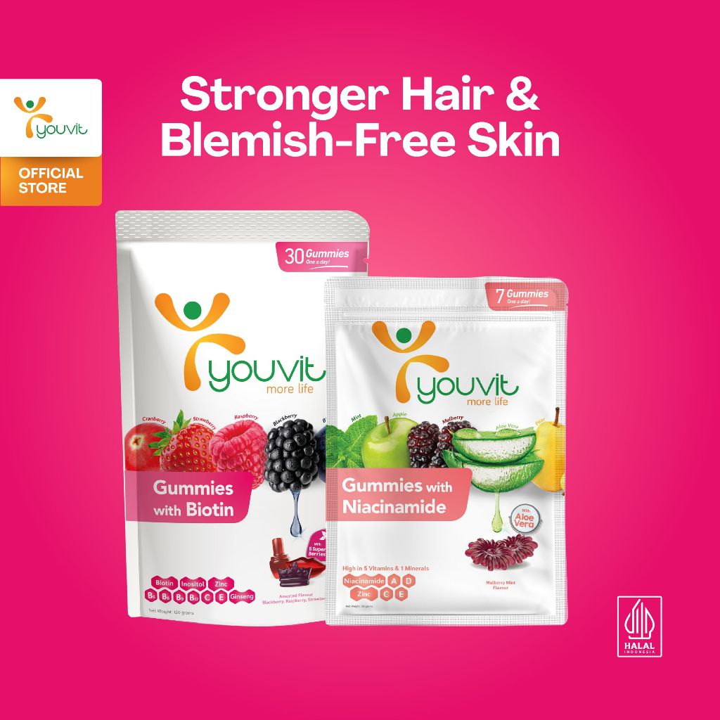Youvit Biotin (30 Pcs) & Niacinamide Gummy (7 Pcs) Vitamin Anti Rambut Gugur & Jerawat | Shopee ...
