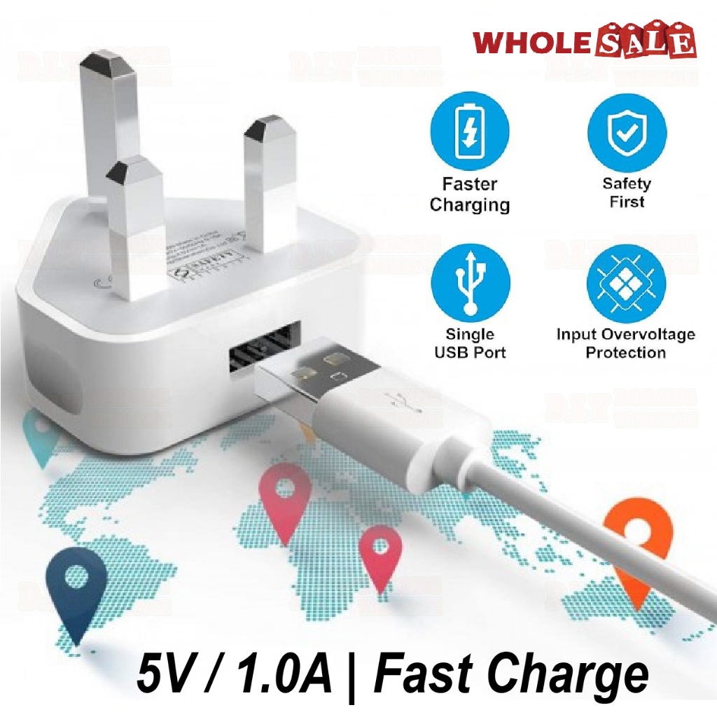 3 Pin Wall Plug 1.0A Fast Charging Cable USB Single Port Power Adapter ...