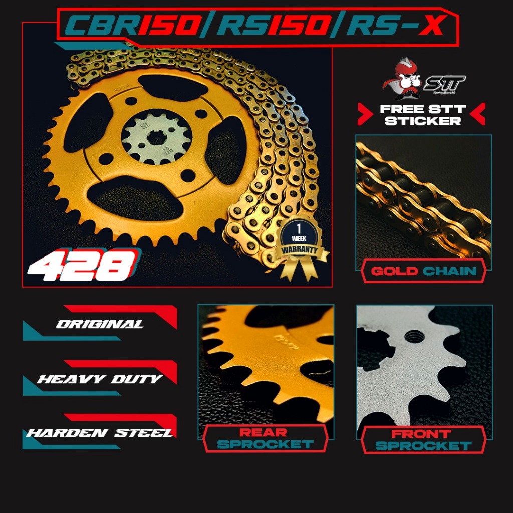 (1 set) rs150 cbr150 rsx honda 428 SET SPROCKET MOTOR + RANTAI MOTOR / RANTAI ORING 428 GOLD STT ...