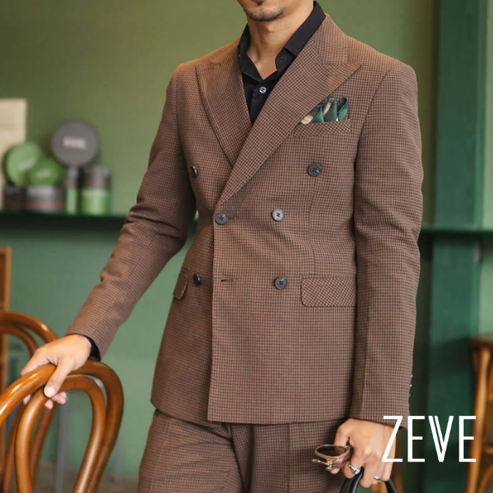 Zeve Double Breasted Suit Blazer - Coffee Plaid (Peak Lapel) | Shopee ...
