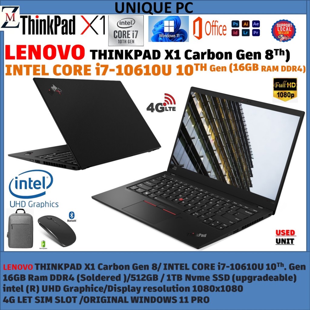 Lenovo ThinkPad X1 Carbon Gen 8 ) Intel i7-10510U (10th Gen) Processor ...