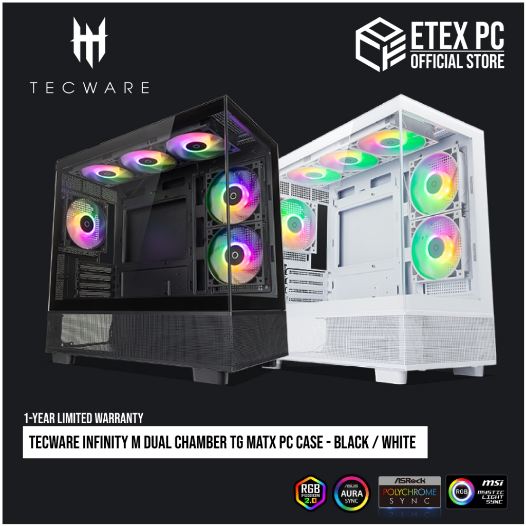 Tecware Infinity M Dual Chamber ARGB TG mATX PC Case - Black / White ...