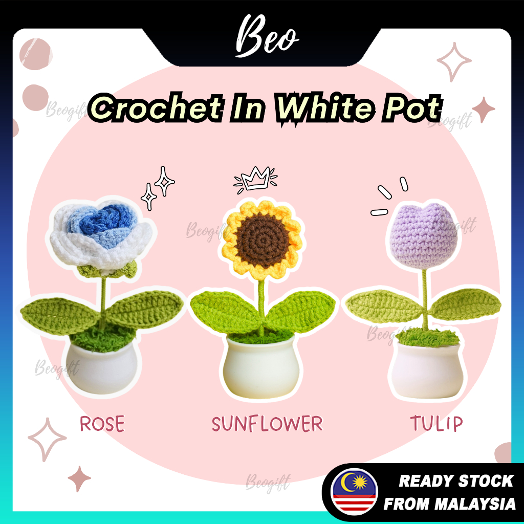 Korean Knitting Crochet Flower Sunflower Rose Tulip In White Pot Plant ...