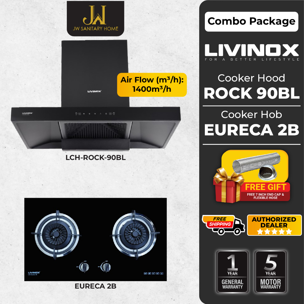 JW LIVINOX LCH-ROCK-90BL 1400m³/hr Cooker Hood Set + LIVINOX LGH-EURECA 2B-BL Chimney Hood ...