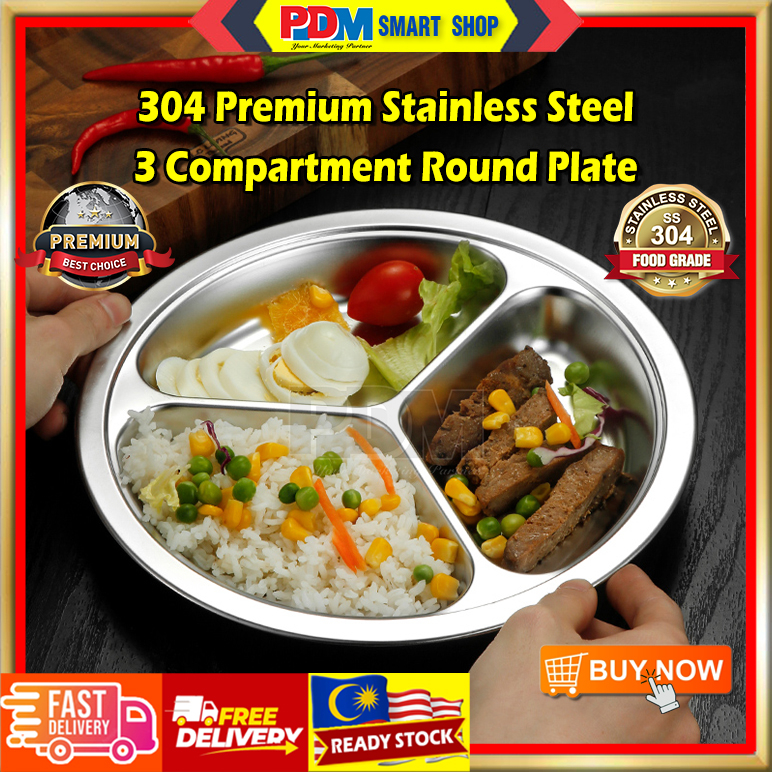 PDM 304 Stainless Steel 3 Compartment Round Plate 3 Sections Round ...