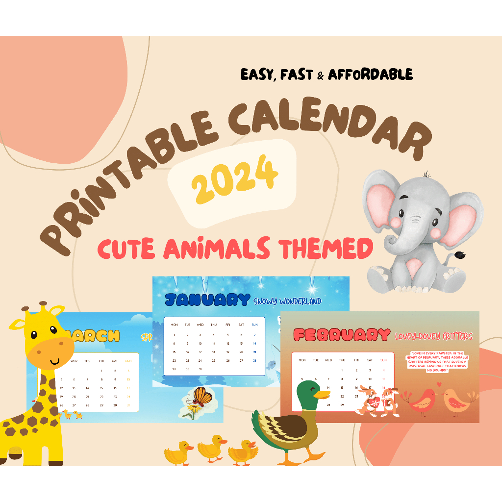 PRINTABLE CALENDAR 2024, Cute Animals Themed, Monthly Planner 2024 ...