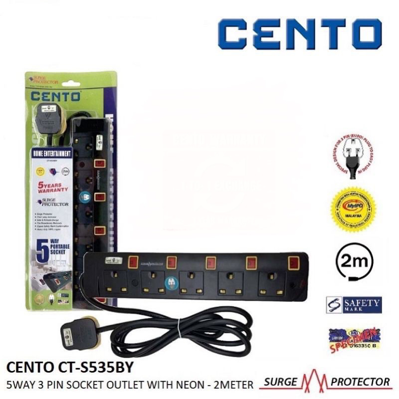CENTO 5 WAY CT-S535BY 3 PIN EXTENSION SOCKET PLUG WITH SIRIM NEON ...