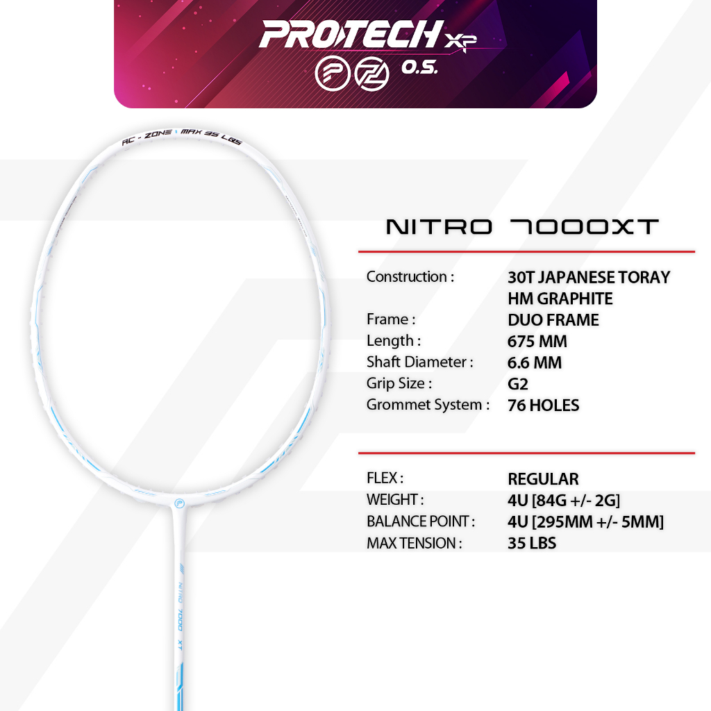 PROTECH Badminton Racket - Nitro 7000XT (4UG2) (MAX 35LBS) (FREE String ...