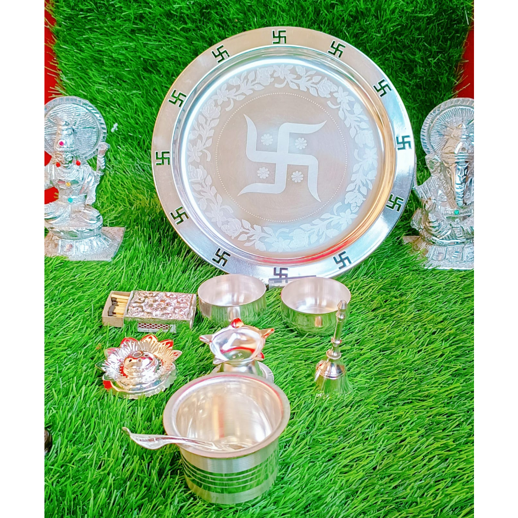 Silver plated new swastik engraved pooja set | Shopee Malaysia