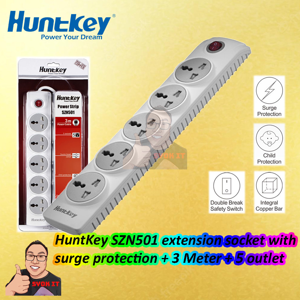 HUNTKEY SZN501 5 PLUGS 3METER POWER STRIP THUNDER SURGE PROTECTOR ...
